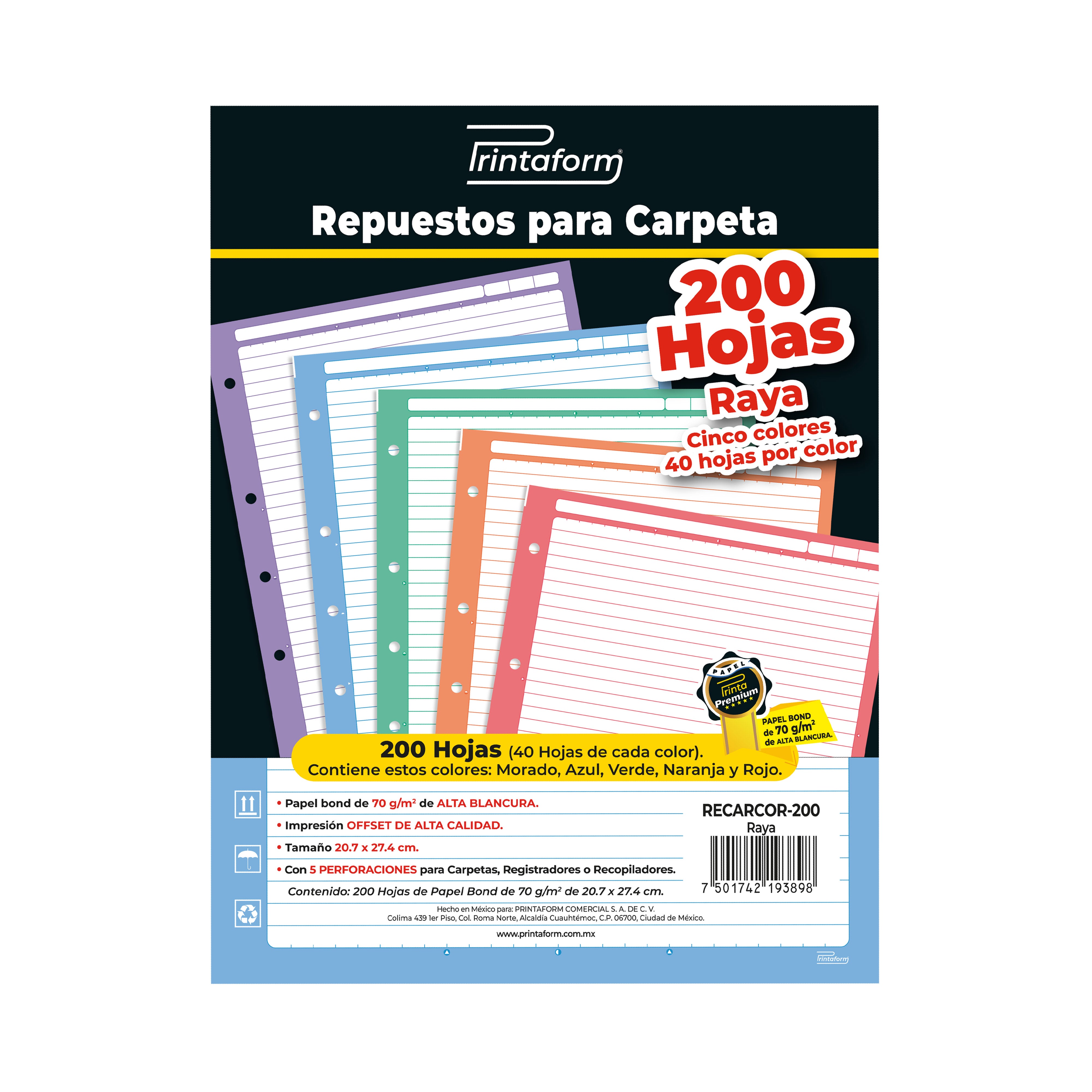 Hojas de repuesto multicolor 200 hojas | Printaform
