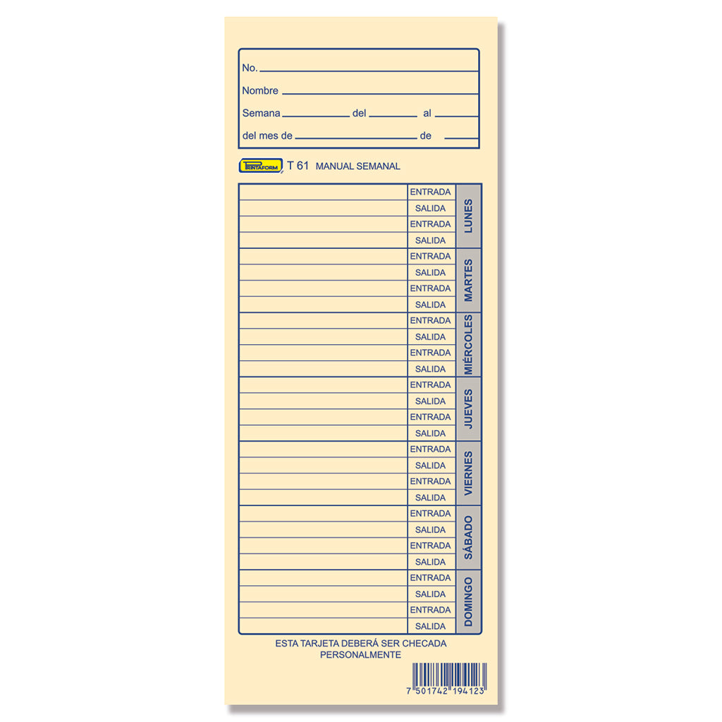 Tarjeta Control de Asistencia 300 tarjetas (Paq. c/3 blocks) – Printaform